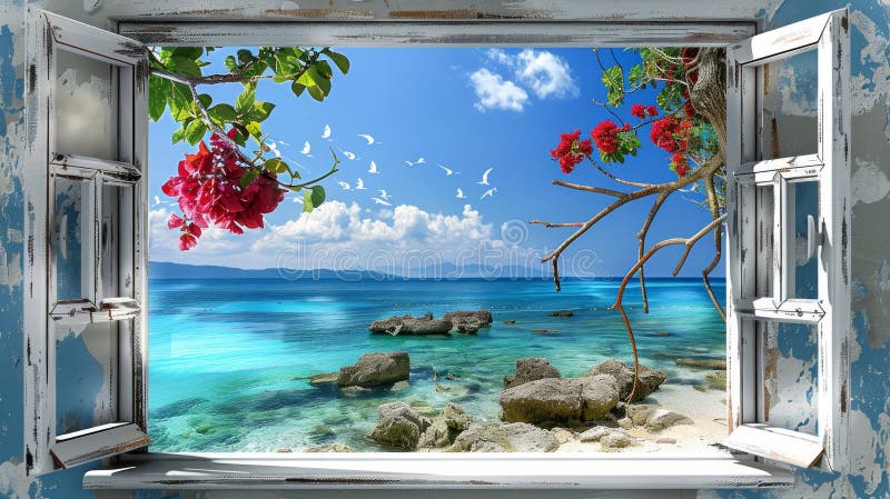 Stunning Tropical Beach View through an Open Window with Blooming ...