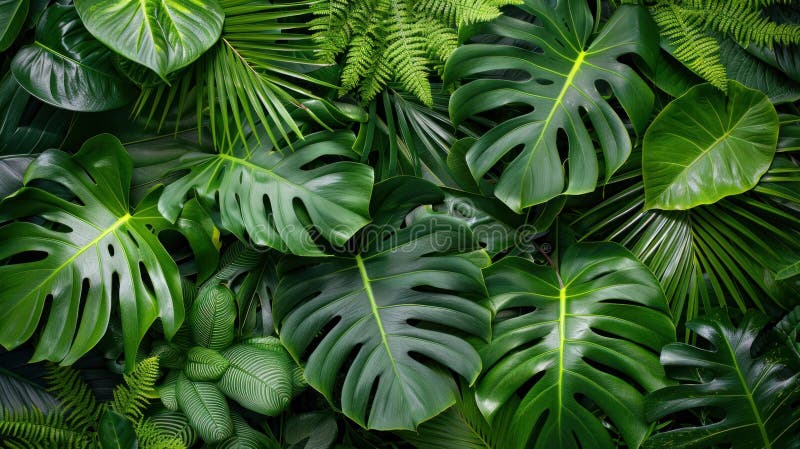 Tropical Greenery Backdrop with Monstera, Palm, Fern and Ornamental ...