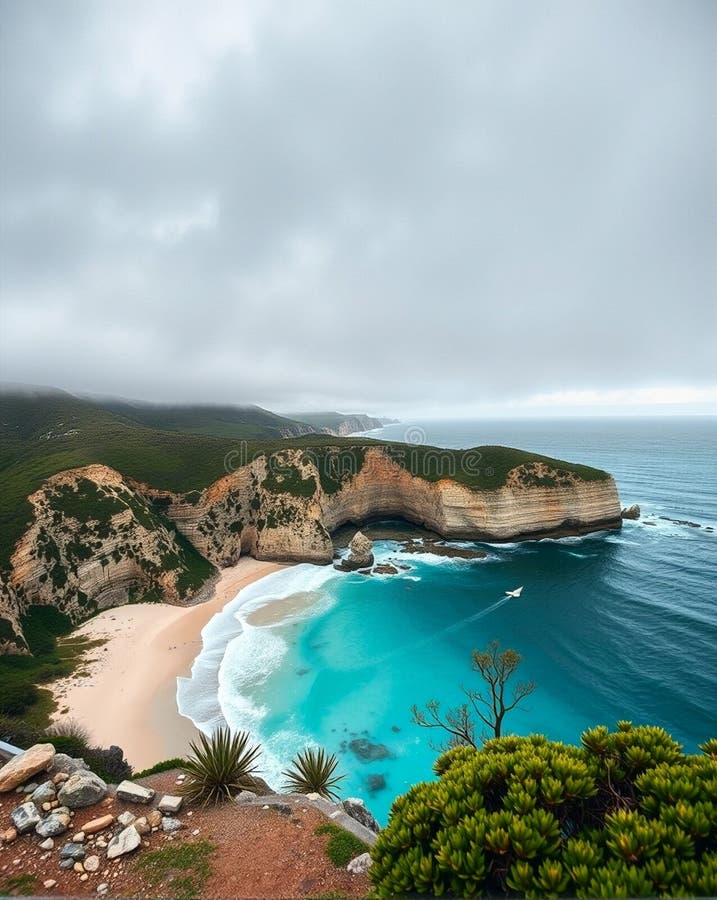 Stunning Turquoise Bay with Dramatic Coastal Cliffs Under a Cloudy Sky ...