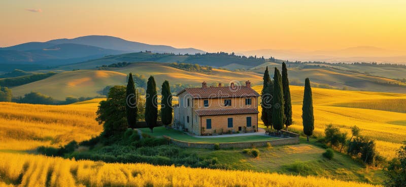 Stunning Tuscan Landscape with Cypress Trees and Golden Wheat Fields at ...