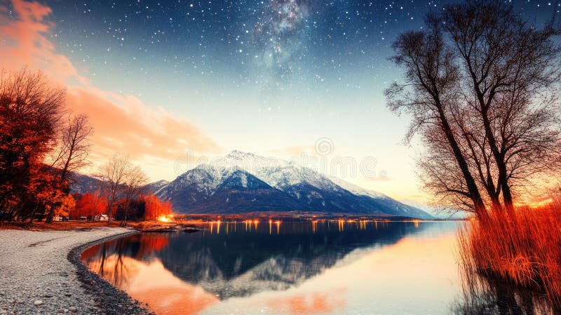 Stunning Twilight Over Snowy Mountain and Lake with Starry Sky ...
