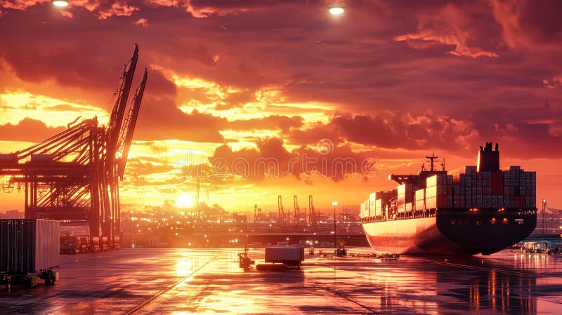 Sunset Illuminating a Cargo Port with a Plane and Ship Ready for ...