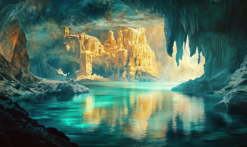 Stunning Underground Cave with Crystal Clear Water and Dramatic Rock ...