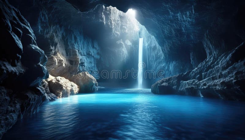 Serene Waterfall Cascading Dark Cave Pool Stock Photos - Free & Royalty ...