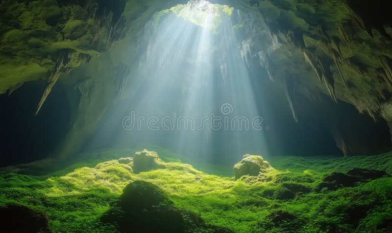 Stunning Underground Cave Illuminated by Sunlight Beams and Lush Green ...