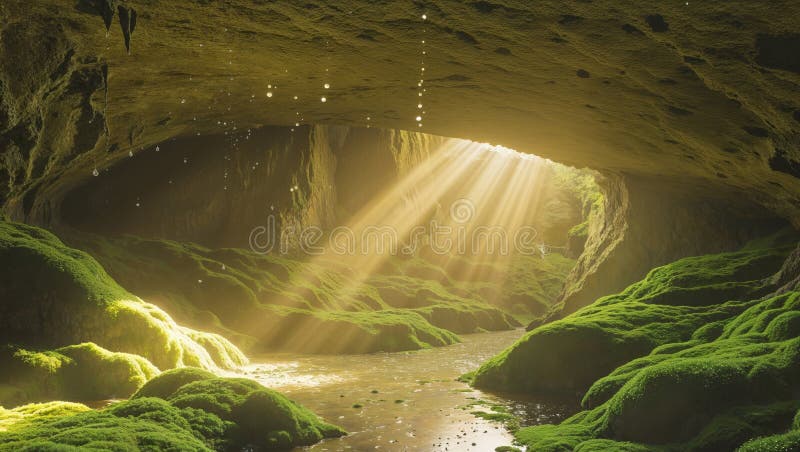 Stunning Underground Cave Illuminated by Sunlight Beams and Lush Green ...