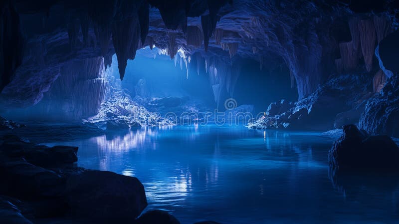 Stunning Underground Cave with Stalactites and Blue Water Reflecting ...
