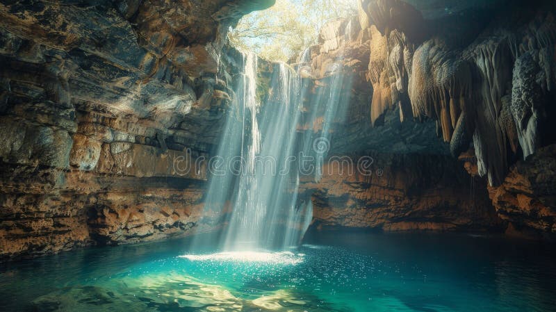 Stunning Underground Waterfall in a Cave Stock Illustration ...