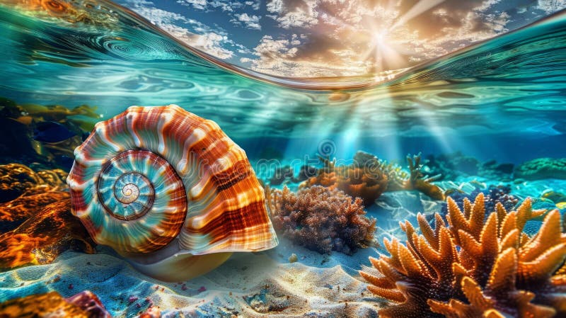 Stunning Underwater Scene with a Vibrant Shell and Coral, Illuminated ...