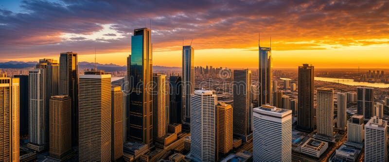 Stunning Urban Skyline at Sunset with Skyscrapers and Dramatic Clouds ...