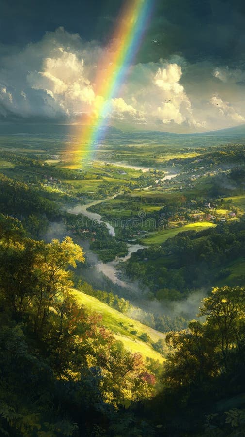 Stunning Valley and River with a Rainbow Under Stormy Clouds Stock Photo - Image of remote ...