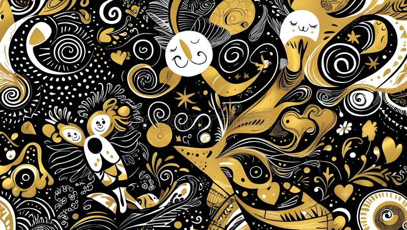 Elegant Black and Gold Fantasy Vector Doodle Art – Whimsical Abstract ...