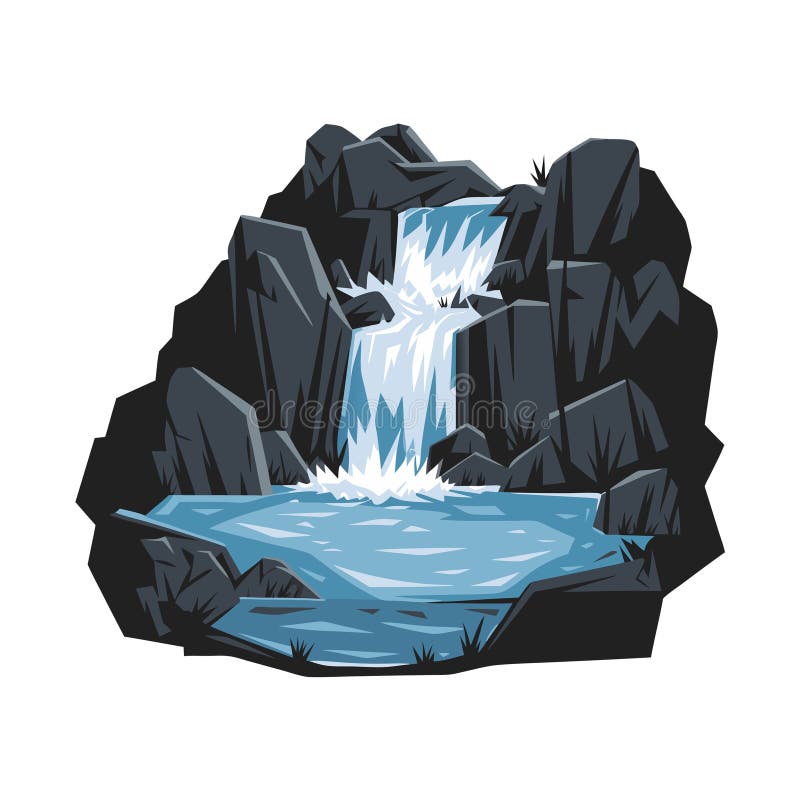 Vector Illustration of Cascade Waterfall Flowing Over Dark Rocks into ...