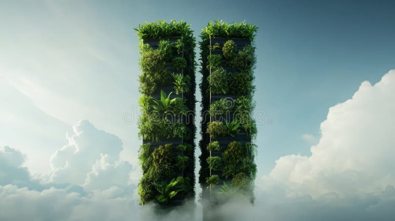 A Stunning Vertical Garden Emerging from Clouds, Symbolizing Growth, Nature, and Sustainability ...