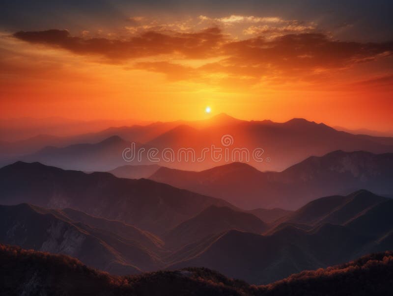 Stunning and Vibrant Sunset Over a Majestic Mountain Range, AI ...