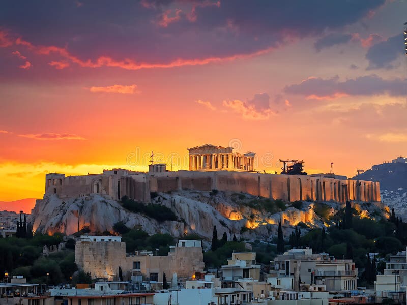 Acropolis at Sunset, Athens, Greece Stock Illustration - Illustration ...