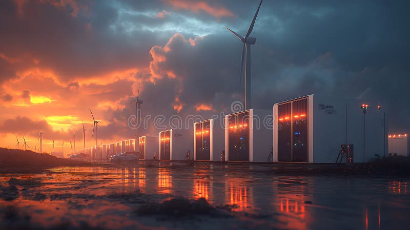Advanced Energy Storage System at Sunset Stock Illustration ...