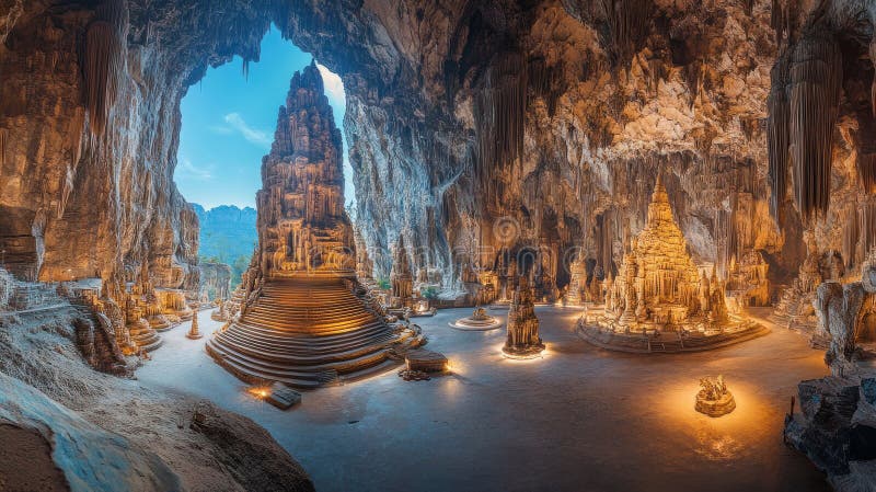 A Stunning View of a Buddhist Temple Inside a Cave, Illuminated by ...