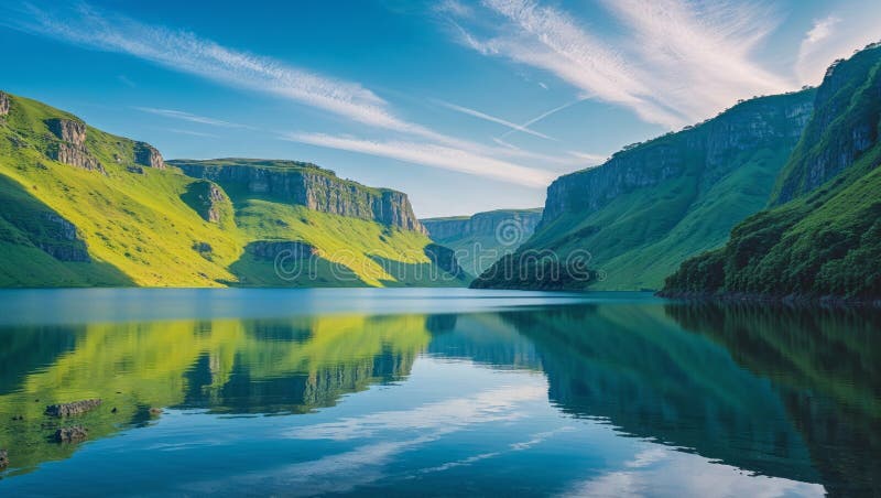 Stunning View of a Calm Lake Surrounded by Lush Green Hills and Cliffs ...