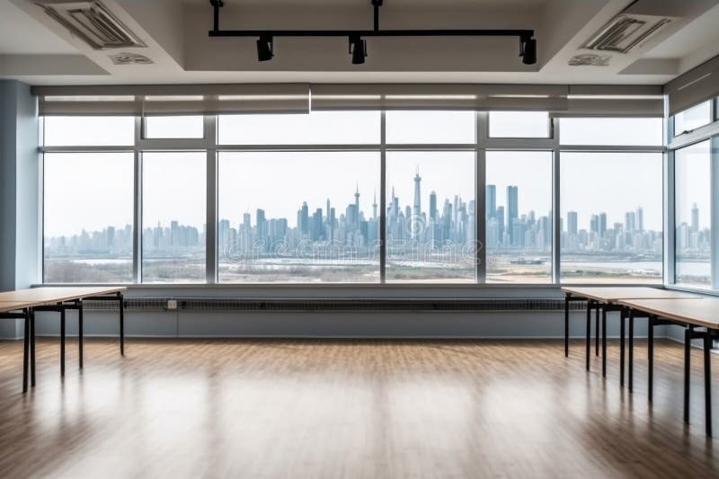 Stunning View of the City from Empty Classroom with Large Windows Stock ...