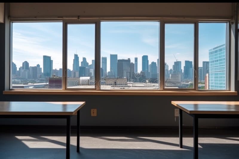 Stunning View of the City from Empty Classroom with Large Windows Stock ...