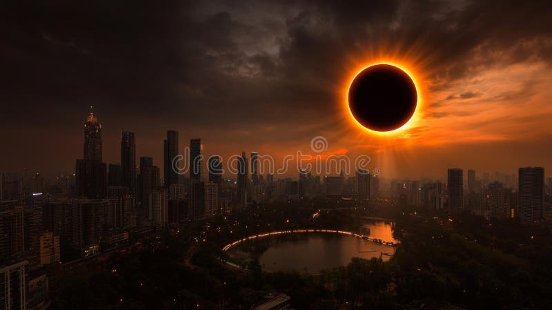 City Skyline during Solar Eclipse with Dark Sun in the Sky Stock ...