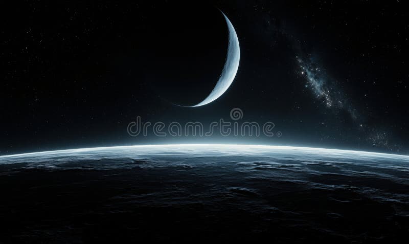 Stunning View of a Crescent Moon Above a Dark Planet with Distant ...