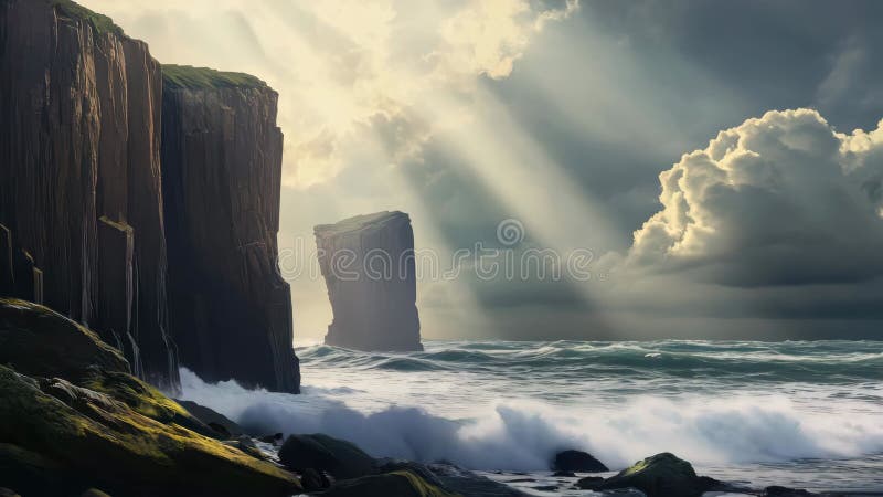 Dramatic Coastal Cliffs Under Cloudy Sky with Wild Ocean Waves Stock ...