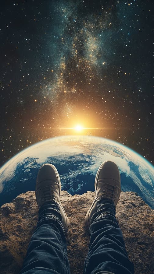 View of Earth from Space with Legs in Foreground Stock Image - Image of ...