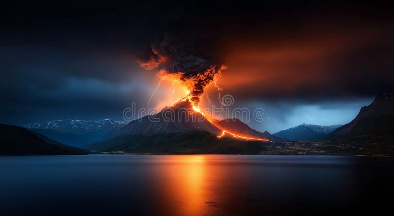 Stunning View of Erupting Volcano with Lava Flowing Down Mountain ...