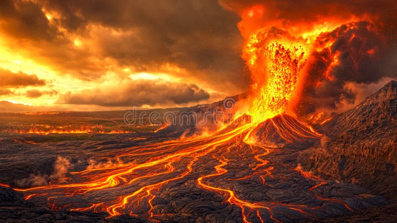 A Stunning View of an Erupting Volcano Under a Dramatic Sky. the Lava ...