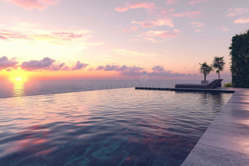 Stunning View of Infinity Pool at Sunset Overlooking the Ocean Stock ...