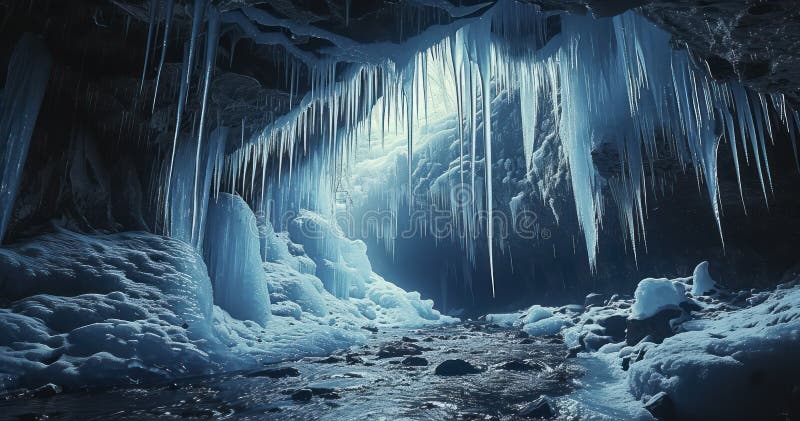 A Stunning View Inside an Ice Cave with a Ceiling of Blue Ice and ...