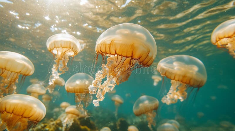 A Stunning View of Jellyfish Drifting Gracefully in Clear Ocean Waters during Daylight Hours ...