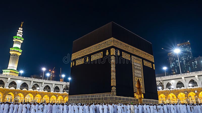 Stunning View of the Kaaba with Worshippers at Night Stock Illustration ...