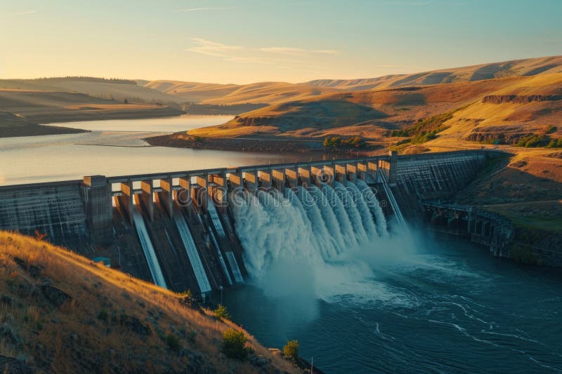 A Stunning View of a Large Dam Surrounded by Rolling Hills. Water ...