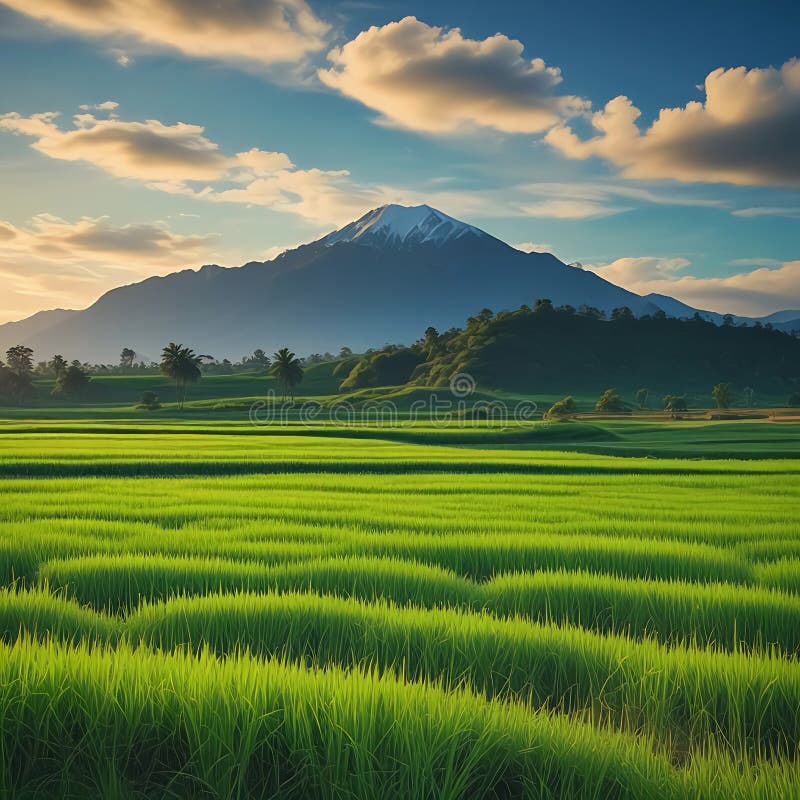 Stunning View of Lush Green Rice Fields with a Mountain Backdrop Under ...