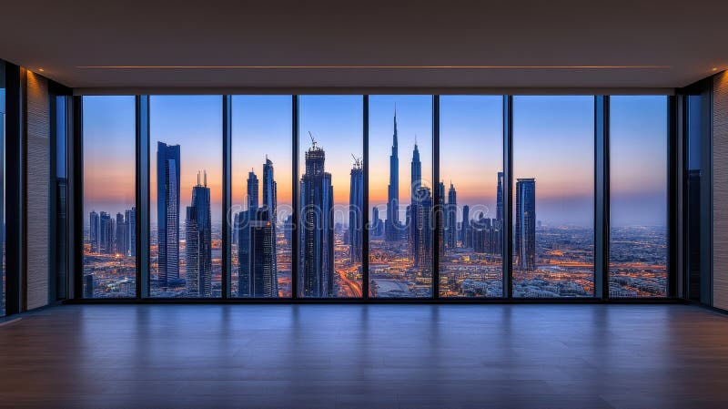 A Stunning View of a Modern City Skyline at Sunset through Large ...