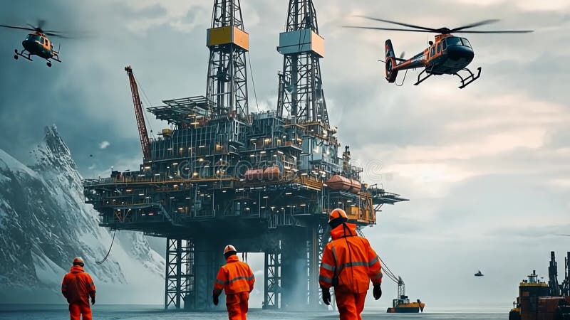 A Stunning View of a Modern Oil Rig at Work. Helicopters Hover Above, Showcasing Advanced ...