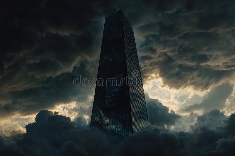 Stunning View of Modern Skyscraper Surrounded by Clouds and Dark Skies ...