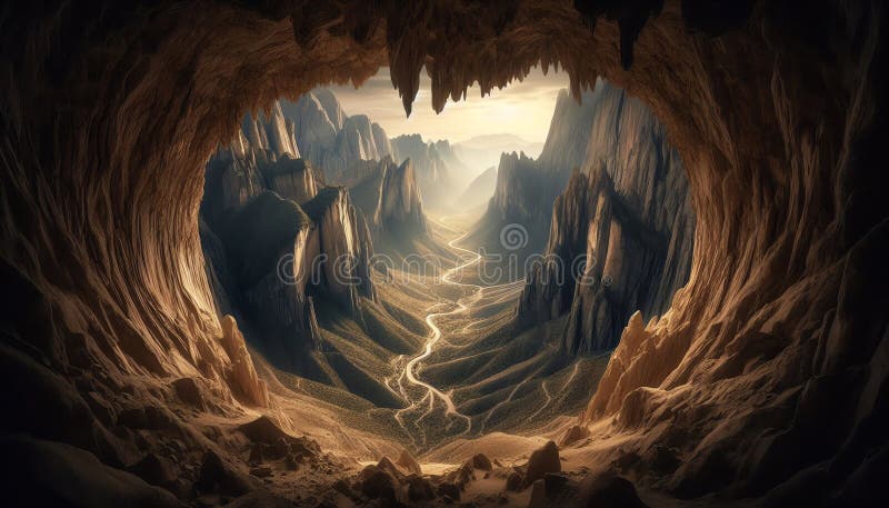 Breathtaking Mountainous Landscape Seen through Cave Openings Stock ...