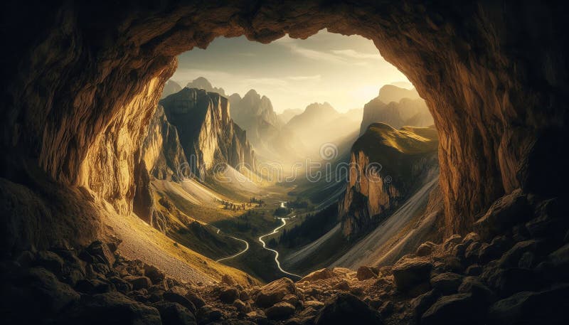 Breathtaking Mountainous Landscape Seen through Cave Openings Stock ...