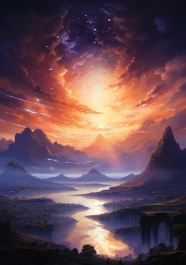 Stunning View of a Mountainous Valley at Sunset, AI-generated. Stock ...