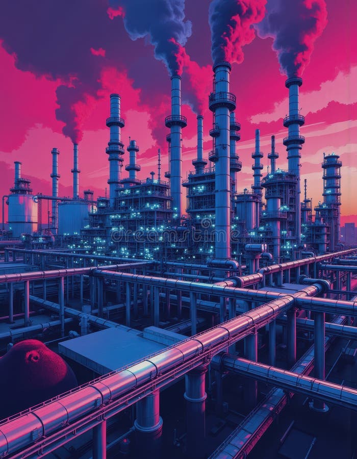 Oil Refinery Complex with Interconnected Processing Units at Sunset Stock Image - Image of ...