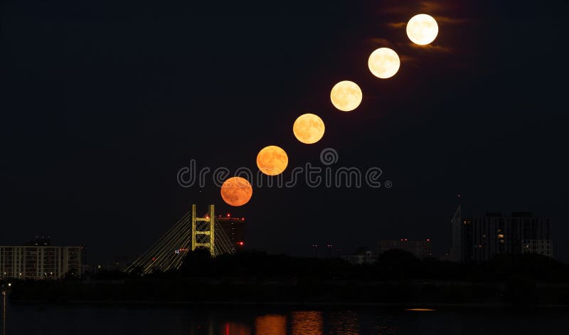 Stunning View of the Phases of the Moon Rising Over a Cityscape with a ...