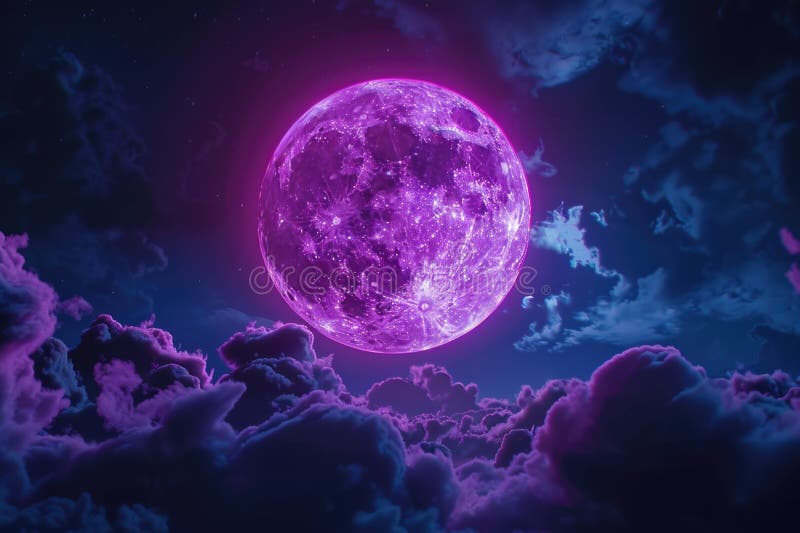 A Stunning View of a Purple Full Moon Shining through a Cloudy Sky ...