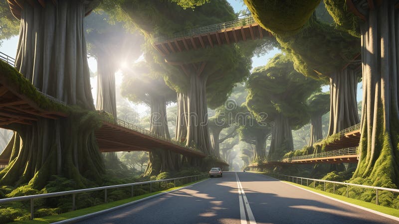 A Stunning View of a Road with a Bridge and Trees AI Generative Stock ...