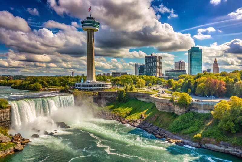 Stunning View of Skylon Tower and Cascading Niagara Falls Under ...