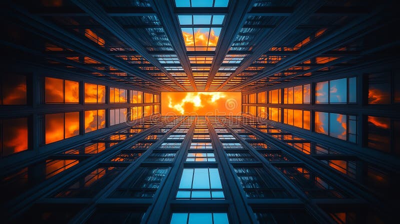 A Stunning View of Skyscrapers Reflecting a Vibrant Sunset Sky from a ...
