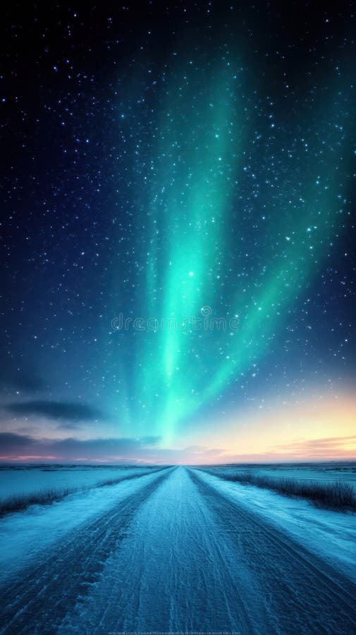 Stunning View of Snowy Road Under Northern Lights Stock Illustration ...